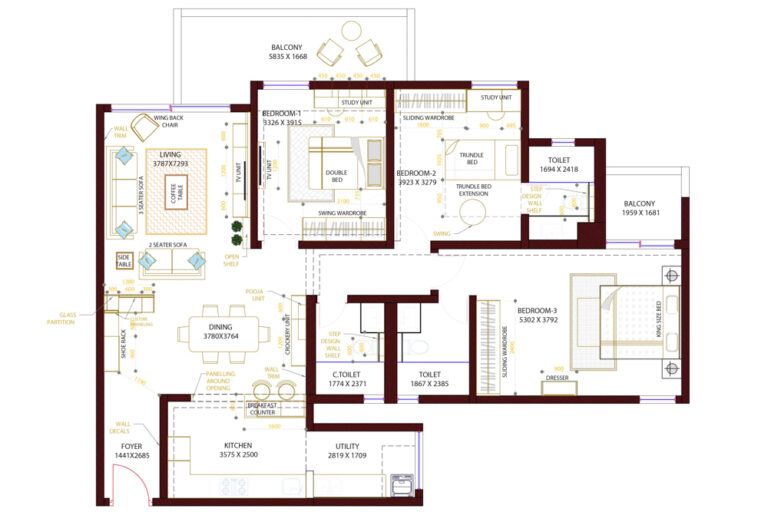 3 BHK Flat Interior Design | Classy & Bold Finishes | LivspaceHome